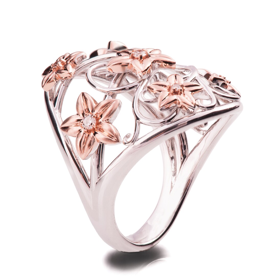 Statement Flower Ring, 18K Rose Gold Two Tone Flowers Ring, Cocktail ...