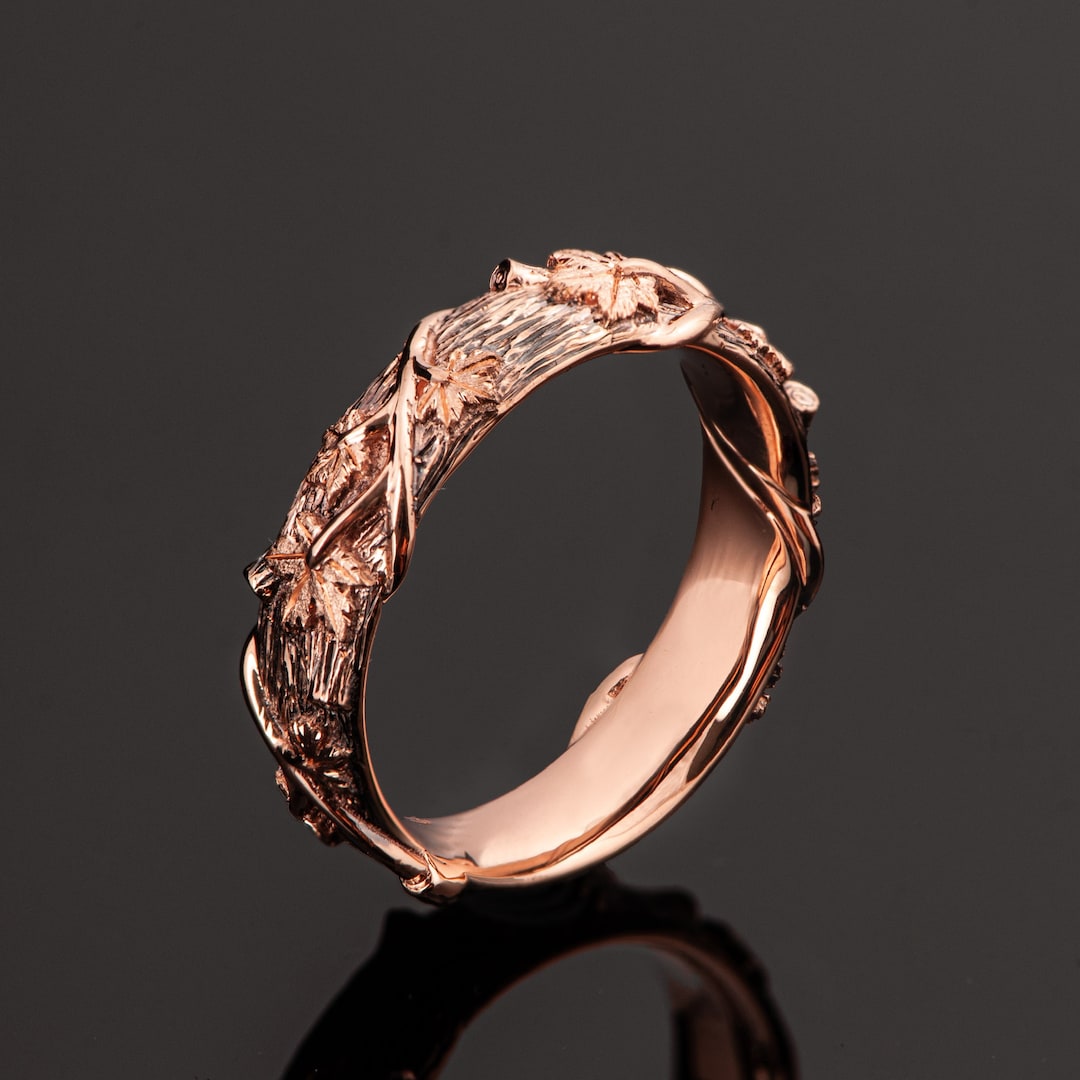 Twig and Maple Leaf Wedding Ring, 18K Rose Gold Bark Wedding Ring - Etsy