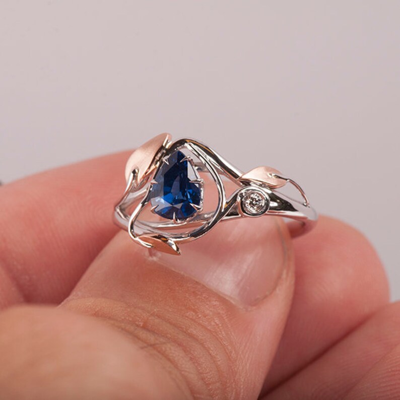 Sapphire Engagement Ring, Leaves Sapphire Ring, Two Tone Sapphire Ring ...