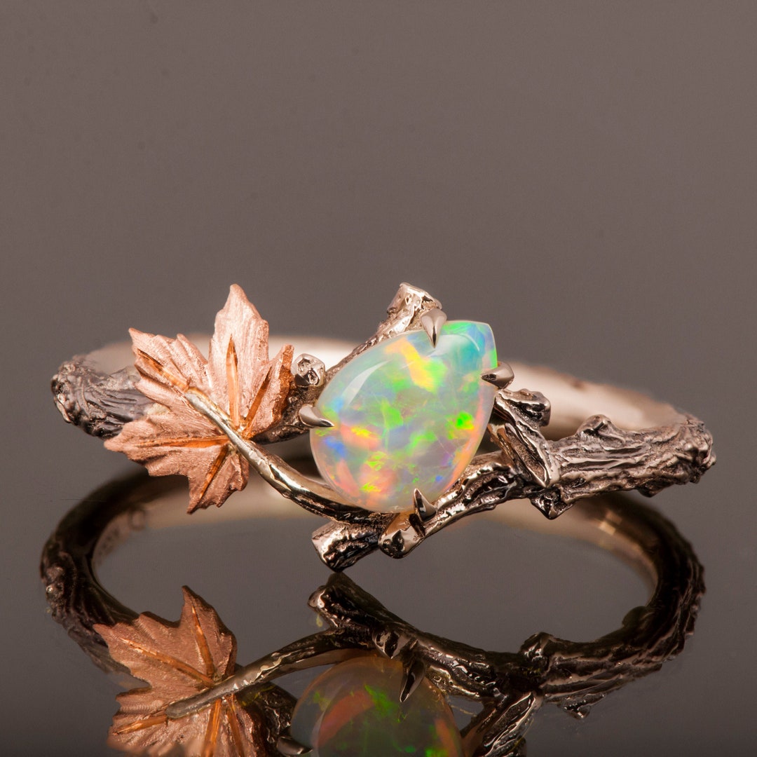Twig and Leaf Engagement Ring, Opal Engagement Ring, Maple Leaf Opal Ring, Opal Twig Ring, 18k ...