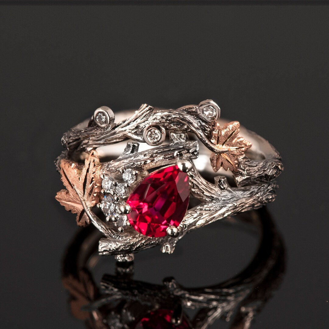 Pear Ruby and Diamonds Cluster Bridal Set, Twig and Maple Leaf ...