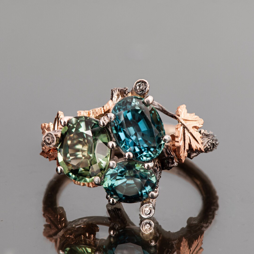 Multi-stone Maple Leaf Engagement Ring With Teal Green Sapphires ...