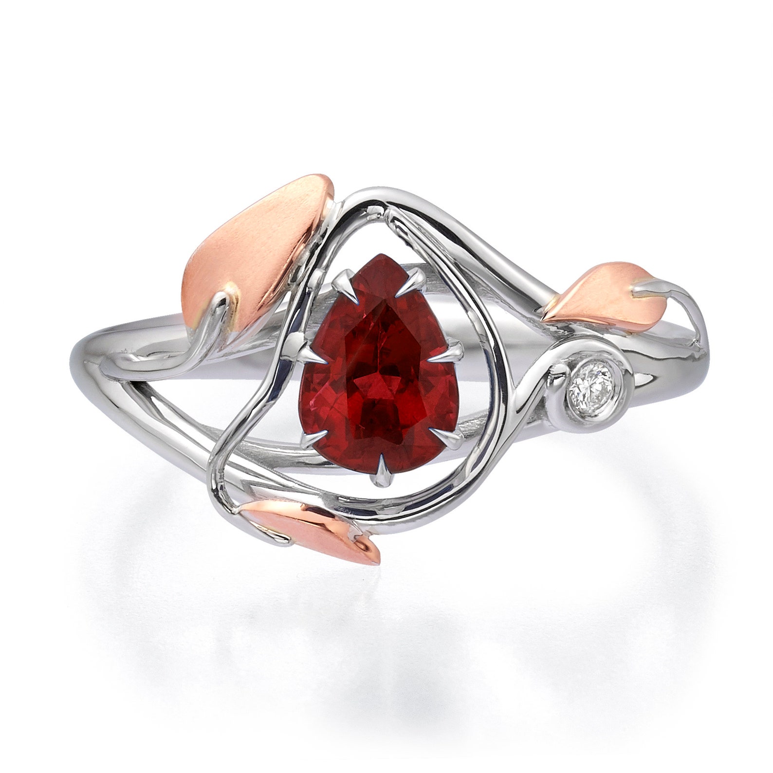 Ruby Engagement Ring, Leaves Ruby Ring, Two Tone Ruby Ring, Leaf Ruby ...