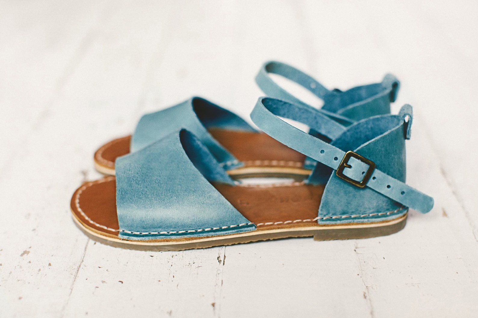 Blue Leather Sandals, Flat Leather Sandals, Sustainable Women Sandals ...