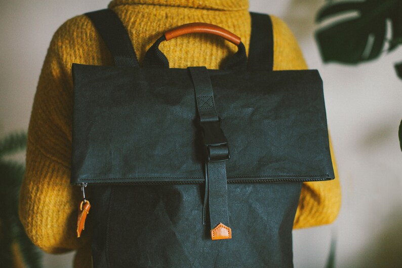Sustainable Black Rucksack Backpack Black Backpack Folded | Etsy