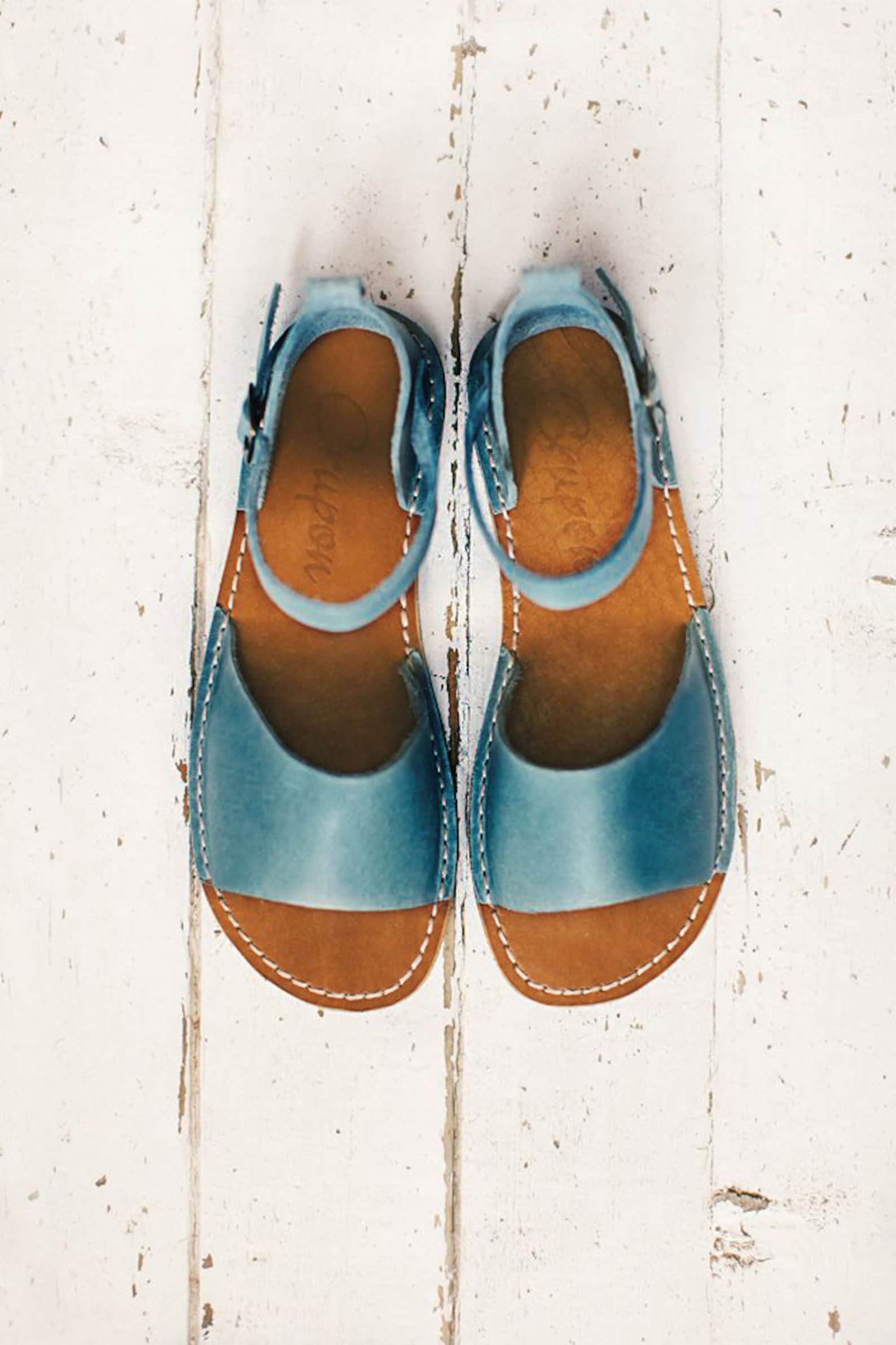 Blue Leather Sandals, Flat Leather Sandals, Sustainable Women Sandals ...