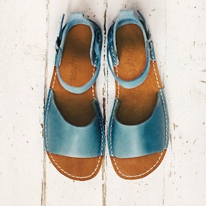Blue Leather Sandals, Flat Leather Sandals, Sustainable Women Sandals ...