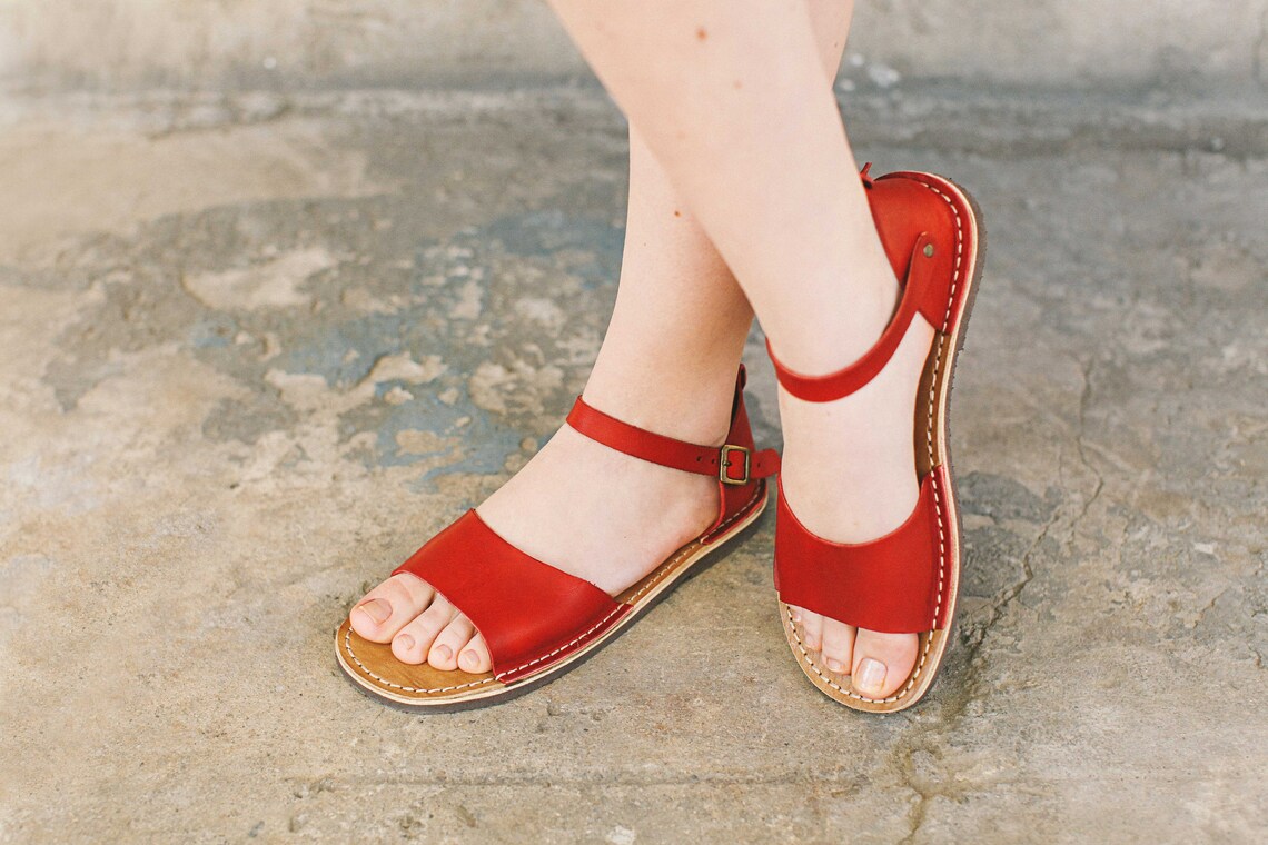 Red Leather Sandals Summer Shoes Leather Sandals Women | Etsy