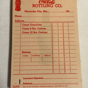 Vintage 1940s 1950s Coca Cola Receipt Order Pad Book Alexander City ...