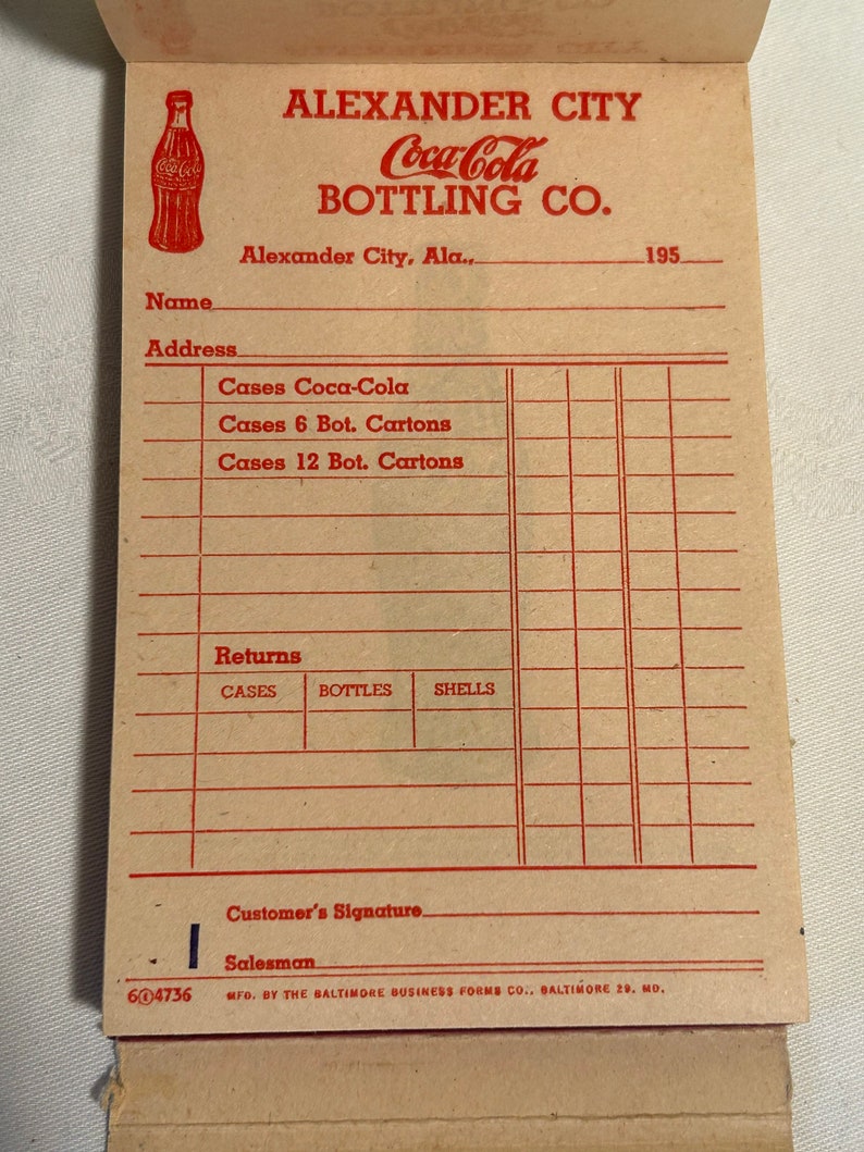 Vintage 1940s 1950s Coca Cola Receipt Order Pad Book Alexander City ...