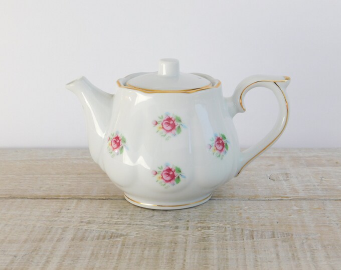 Vintage Teapot Small Ceramic 80's Tea Pot Pretty Pink Rose Floral ...