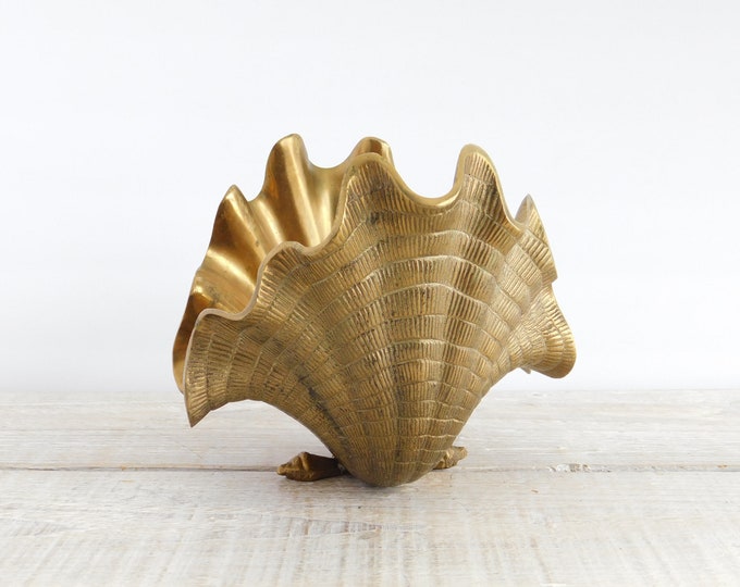 Vintage Brass Clamshell ~ Large Metal Seashell Catchall Bowl ~ Coastal ...