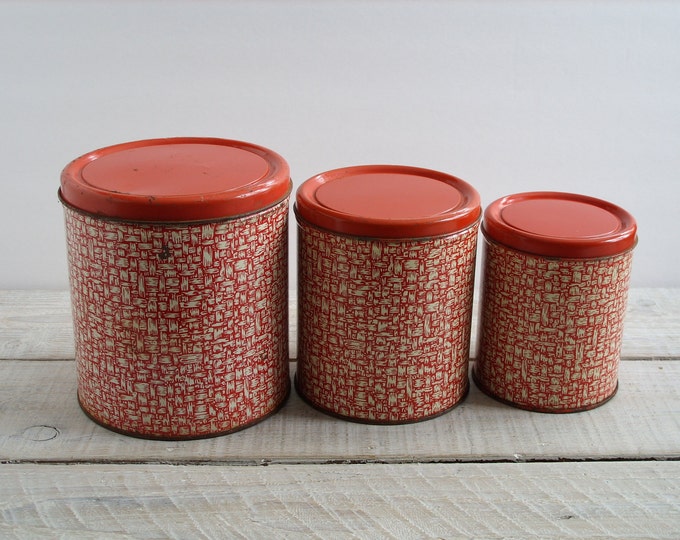 Vintage Rustic Red Canister Set ~ Retro Decoware Tins Basketweave ...