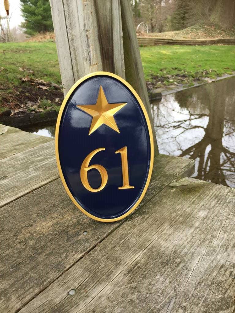 Carved Street Number Plaque / House Sign With Your Choice of Emblem ...