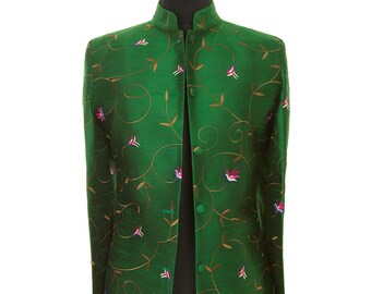 Women's Emerald Green Embroidered Silk Fitted Jacket | Etsy