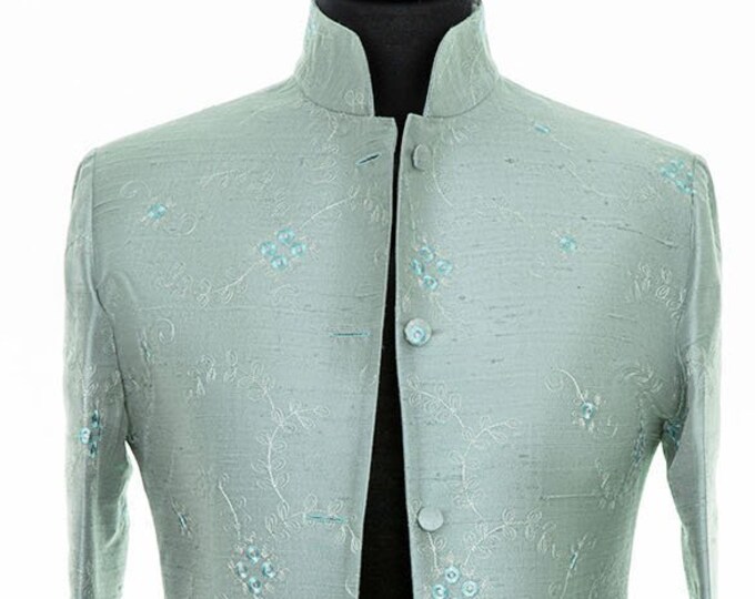 Ladies Pale Grey Blue Silver Embroidered Raw Silk Jacket Long - Etsy
