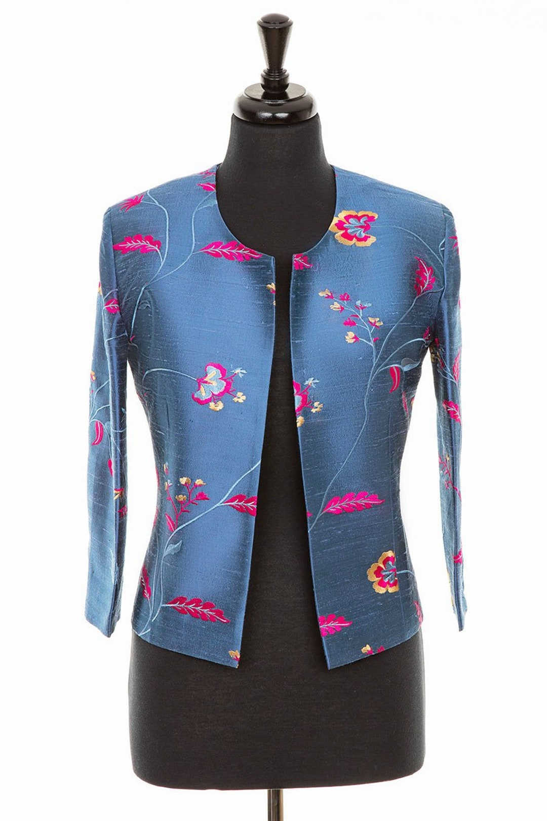 Buy Ladies Cropped Jacket Blue Pink Gold Embroidered Raw Silk Jacket ...