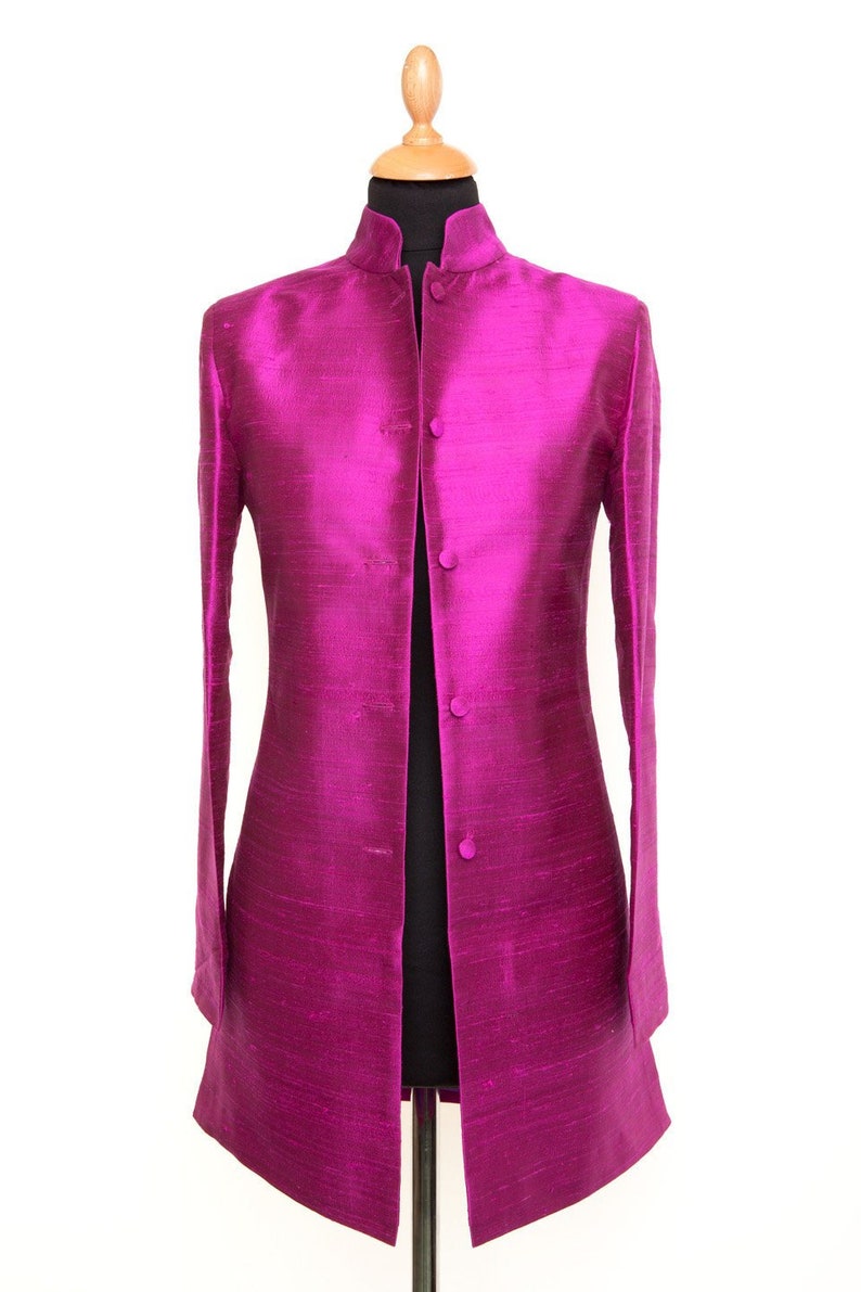 Ladies Bright Wild Orchid Raw Silk Longline Nehru Collar Jacket, Mother ...