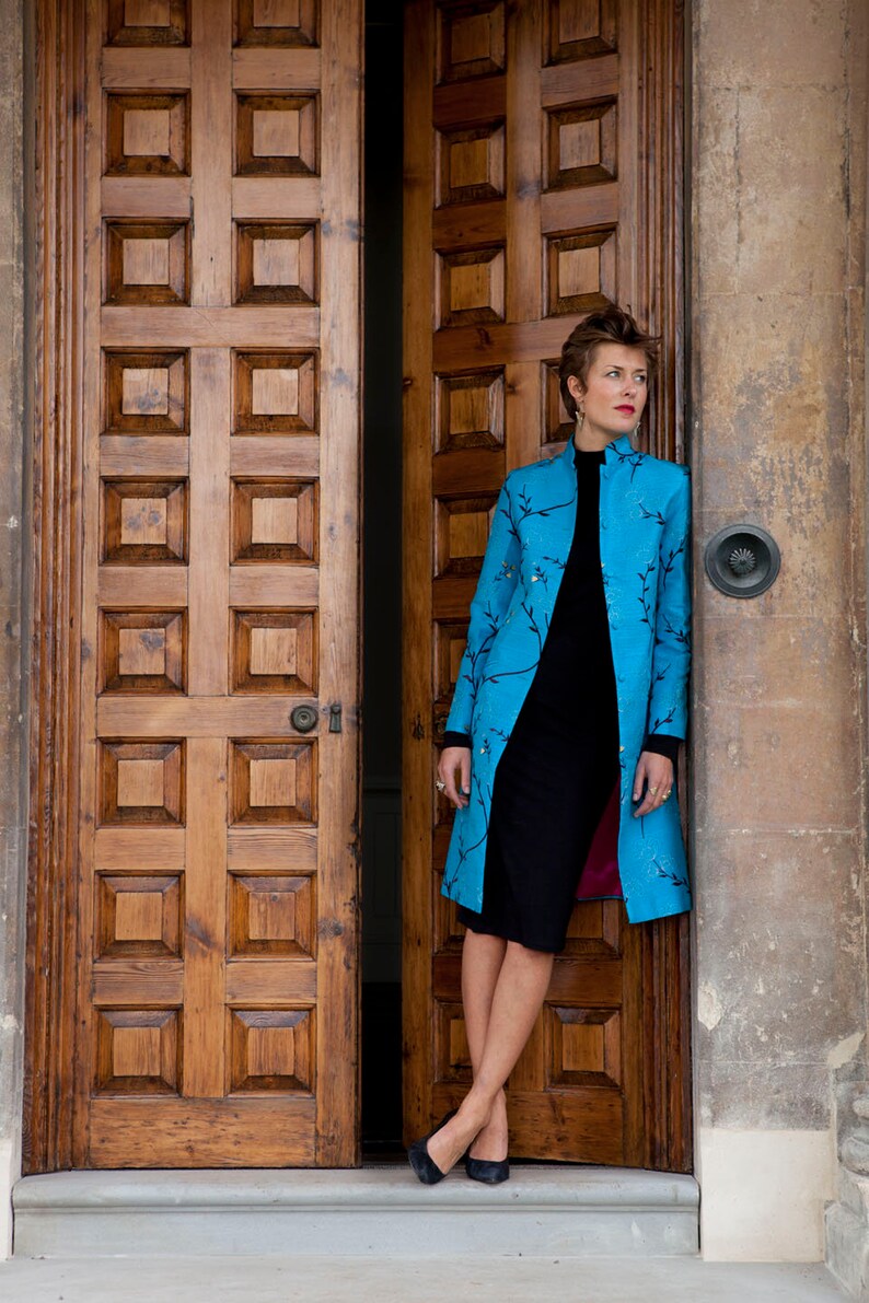 Ladies Bright Turquoise Blue Embroidered Silk Coat Mandarin - Etsy UK