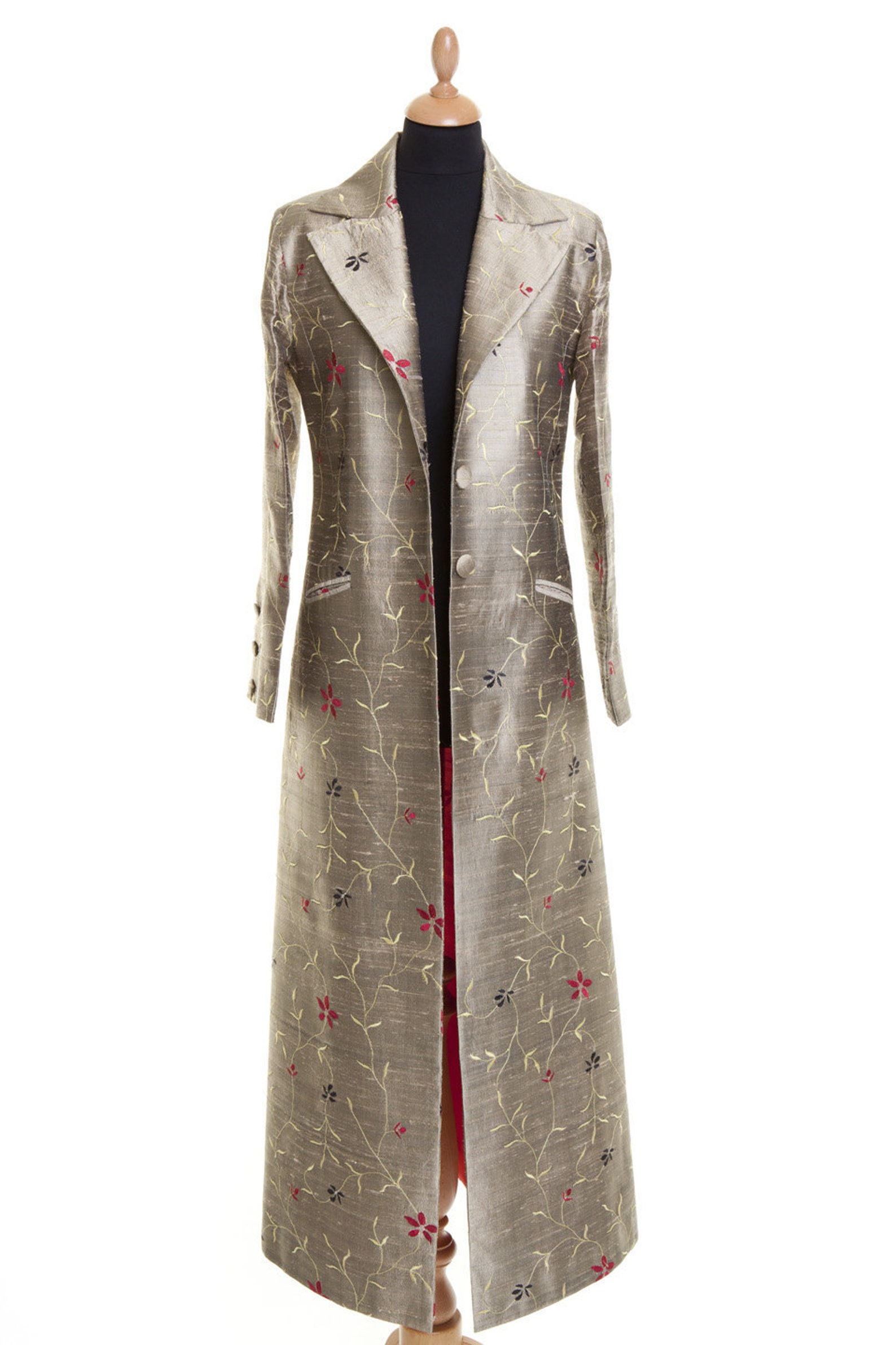 Womens Gold Embroidered Raw Silk Full Length Evening Coat, Maxi Coat ...