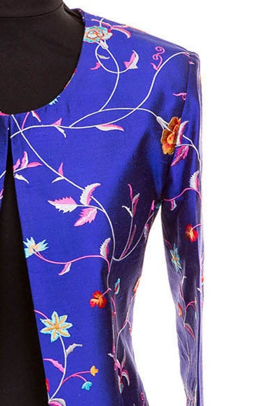 Women's Floral Silk Jacket Embroidered Bright Blue - Etsy UK
