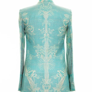 Ladies Pale Cyan Floral Cashmere Nehru Collar Long Jacket, Smart Office ...