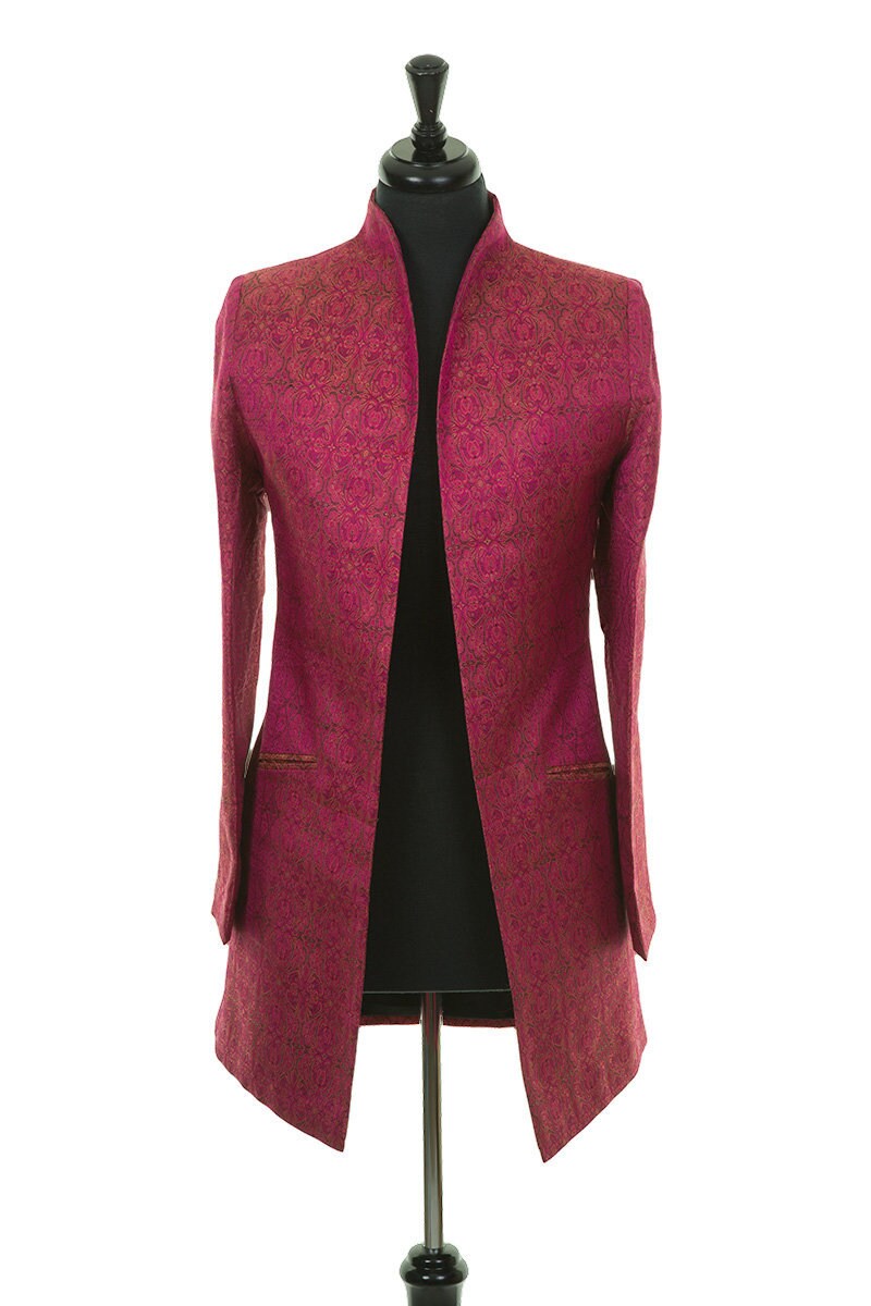 Women's Deep Pink Jacquard Silk Long Jacket High Collar - Etsy UK