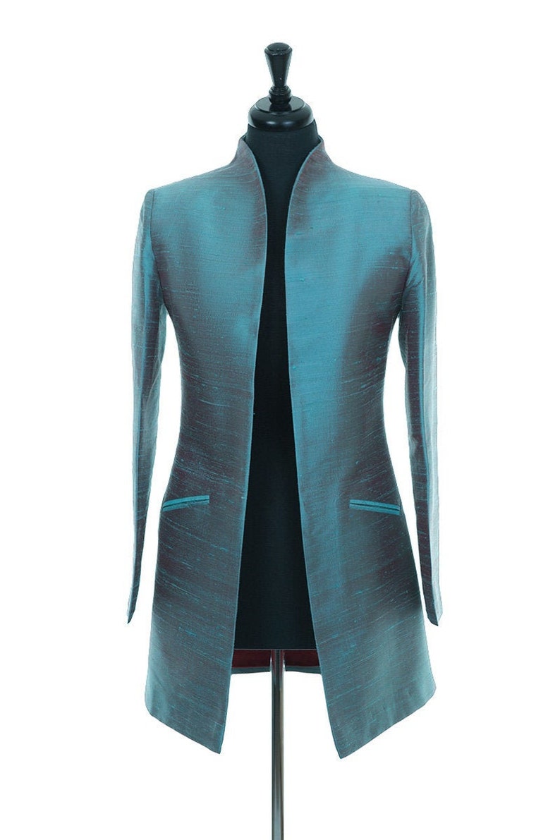 Ladies Smokey Blue and Red Shot Silk Longline Blazer, Smart High Collar ...