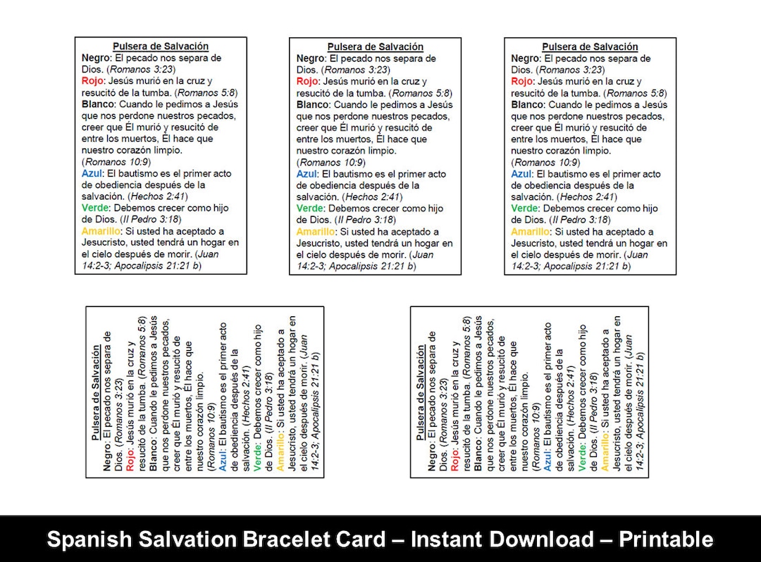 Printable Spanish Salvation Bracelet Card, Gospel Bracelet Card, Colors ...
