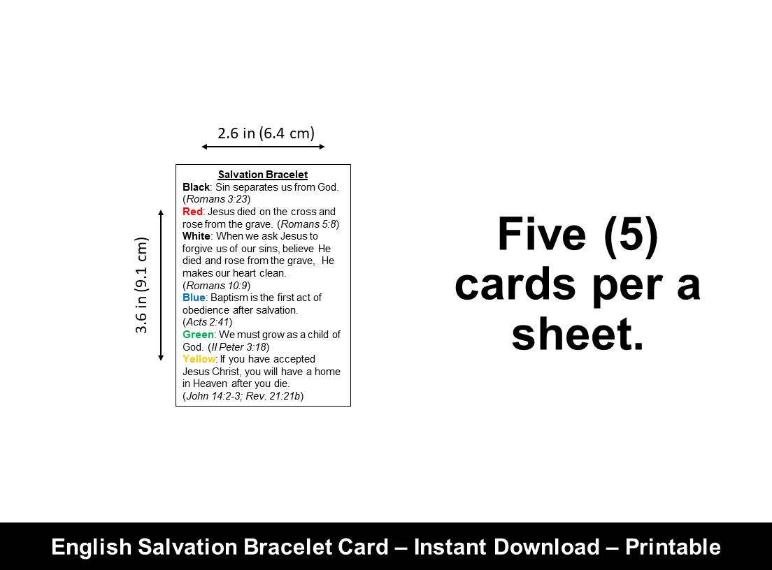 Printable English Salvation Bracelet Card, Gospel Bracelet Card, Colors ...