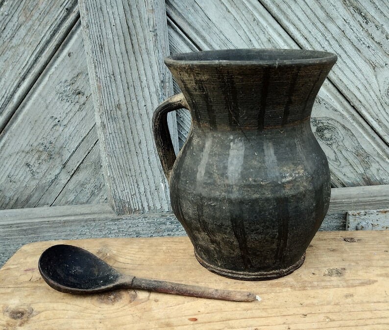 Primitive Antique Clay Pitcher Black Ceramic Crock Rustic - Etsy