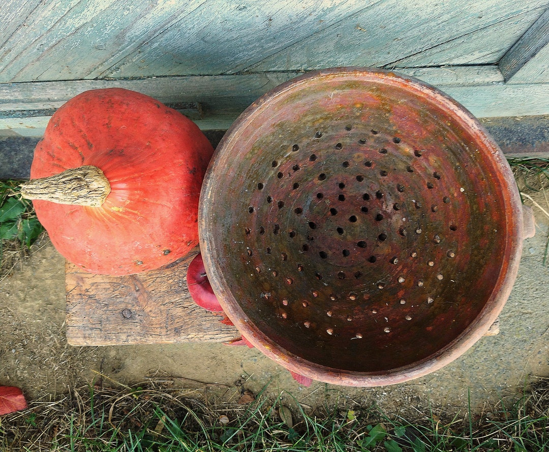 Antique Colander Clay Bowl Strainer Rustic Cullender Large Colander ...