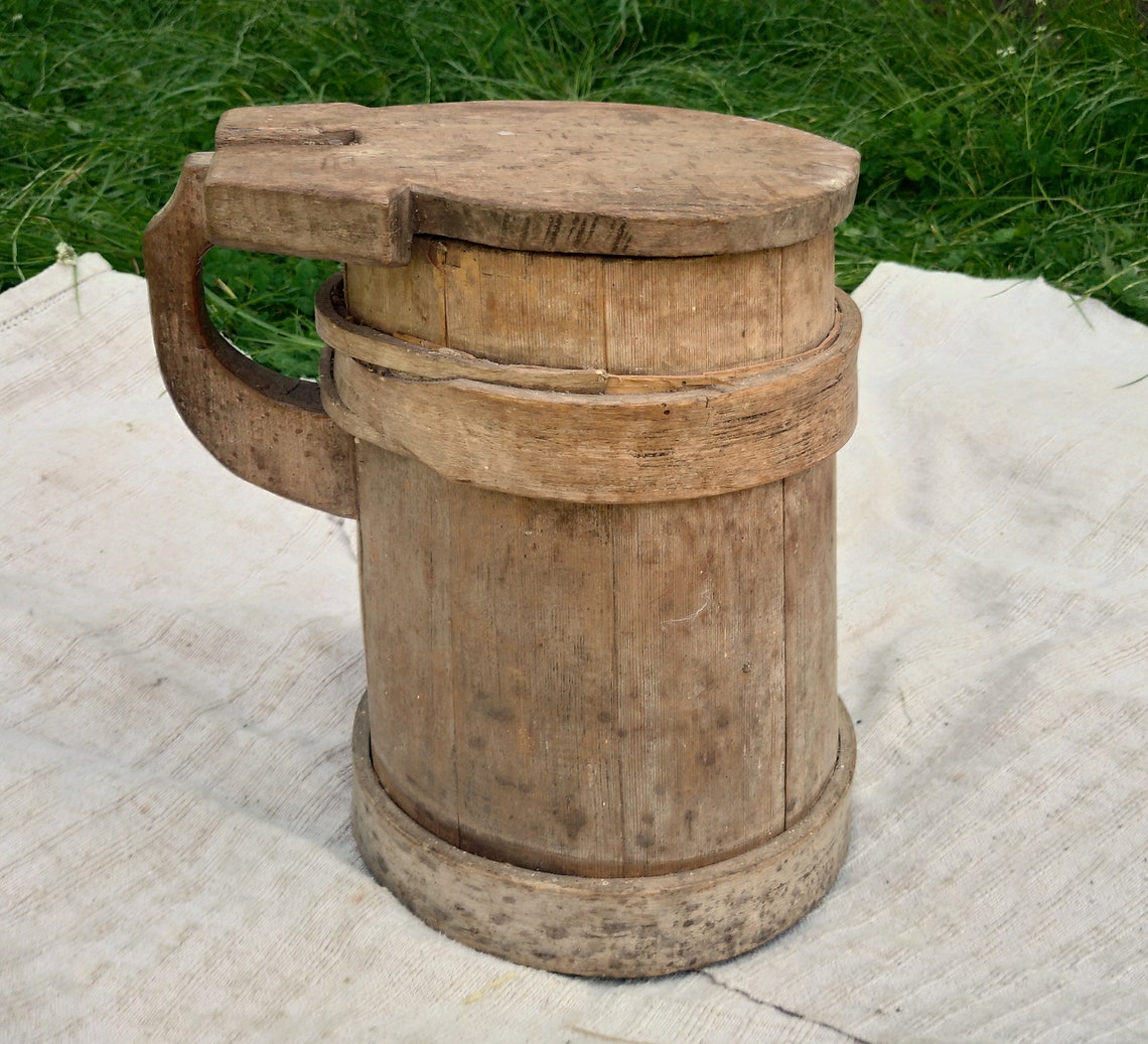 Antique box of wood XXL Rustic pail bucket with lid Wooden | Etsy