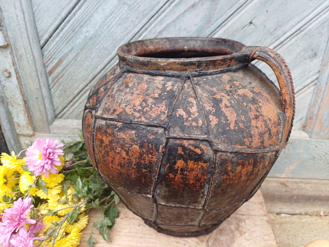 Large Antique Vase Baked Wire Ceramic Crock Vintage Clay Pot ...
