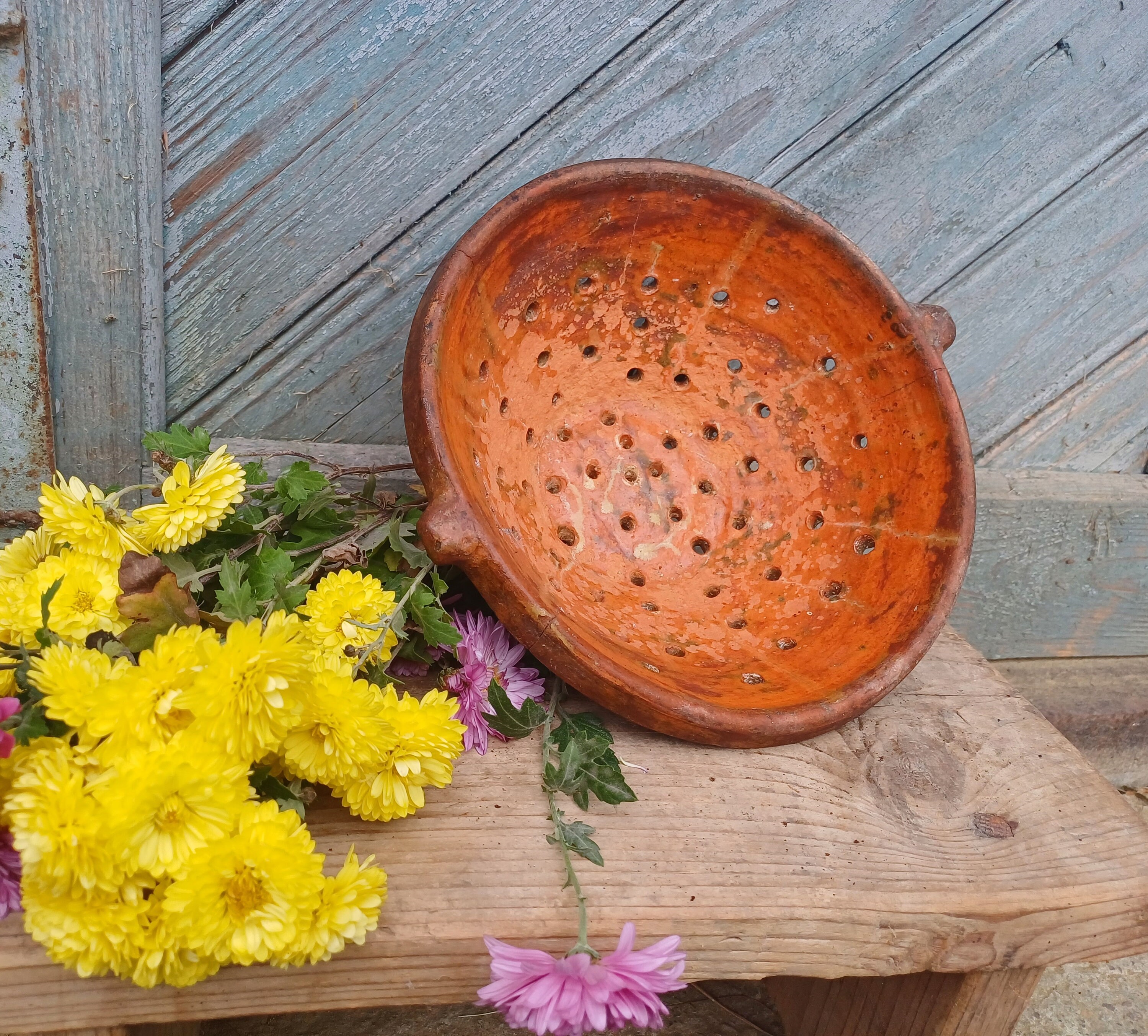 Antique Strainer Ceramic Clay Colander Vintage Pottery Cullender Large ...