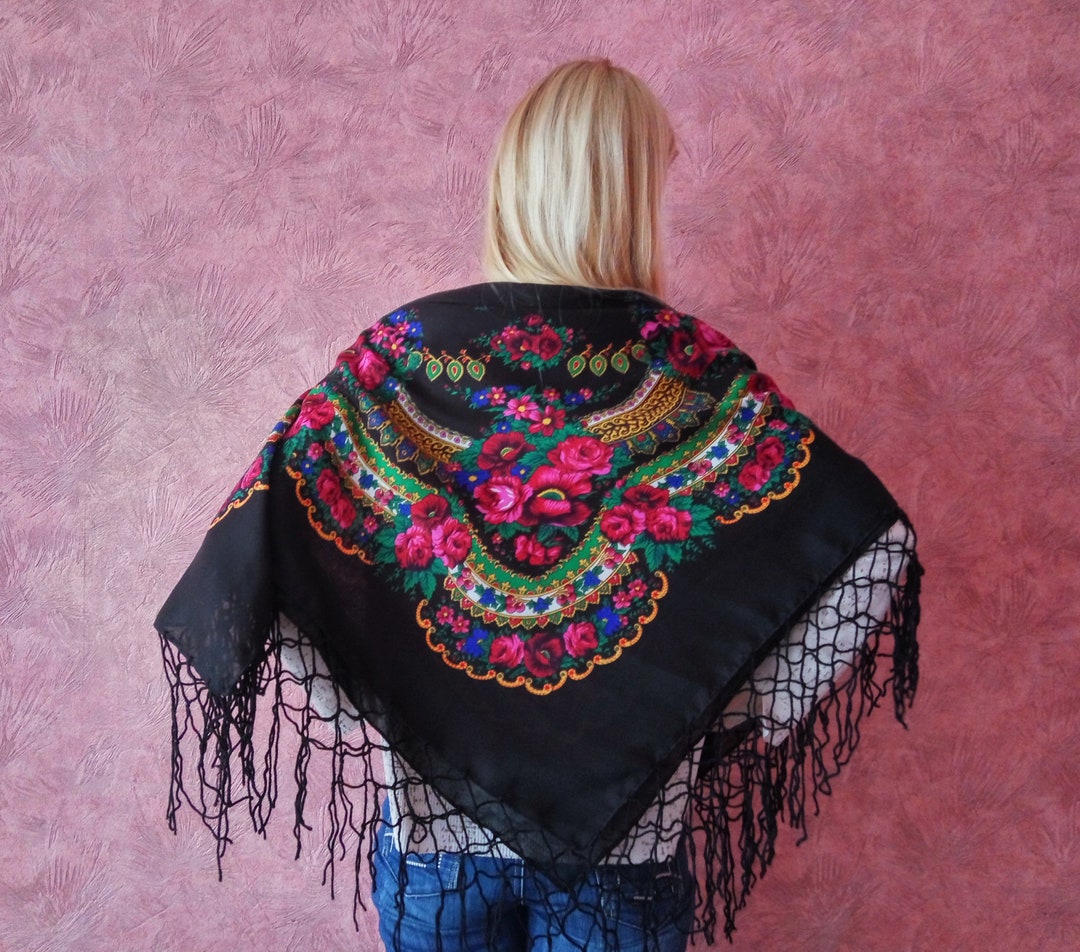 Large Russian Shawl Lightweight Wool Scarf Floral Scarf With - Etsy
