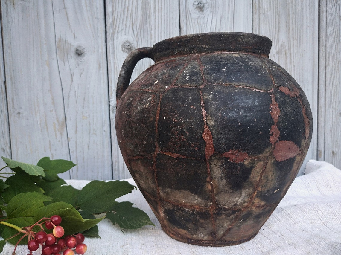 Vintage clay pot Large antique vase Ceramic crock Rustic | Etsy