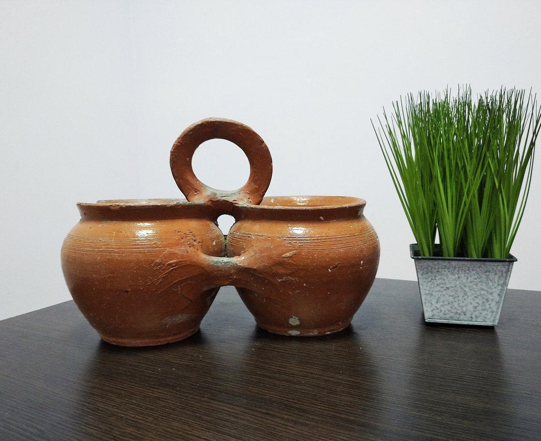 Vintage Clay Pot Rustic Ceramic Pots Antique Bowl Double Vases Country ...