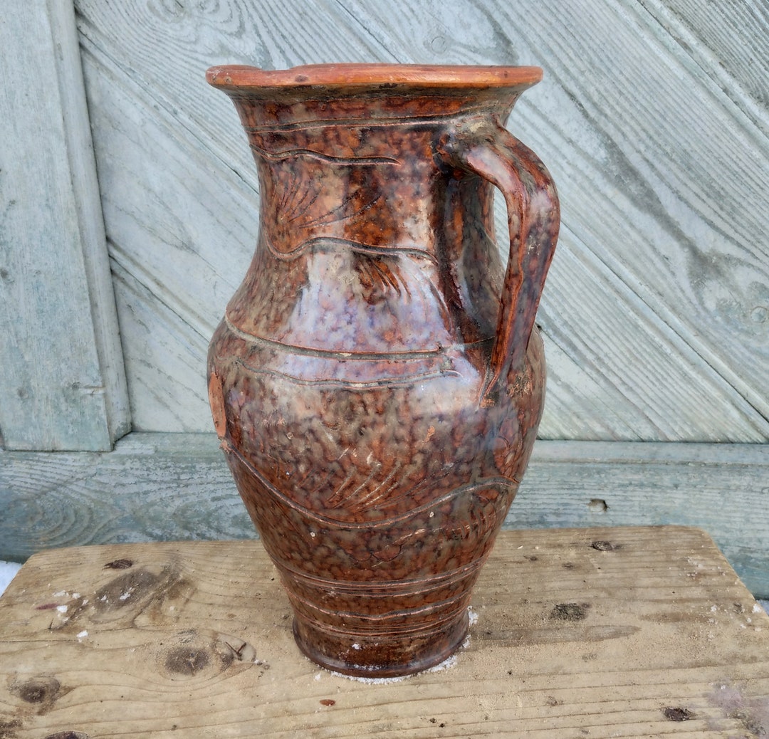 Antique Ceramic Vase Rustic Handpainted Clay Jug Farmhouse Decor ...
