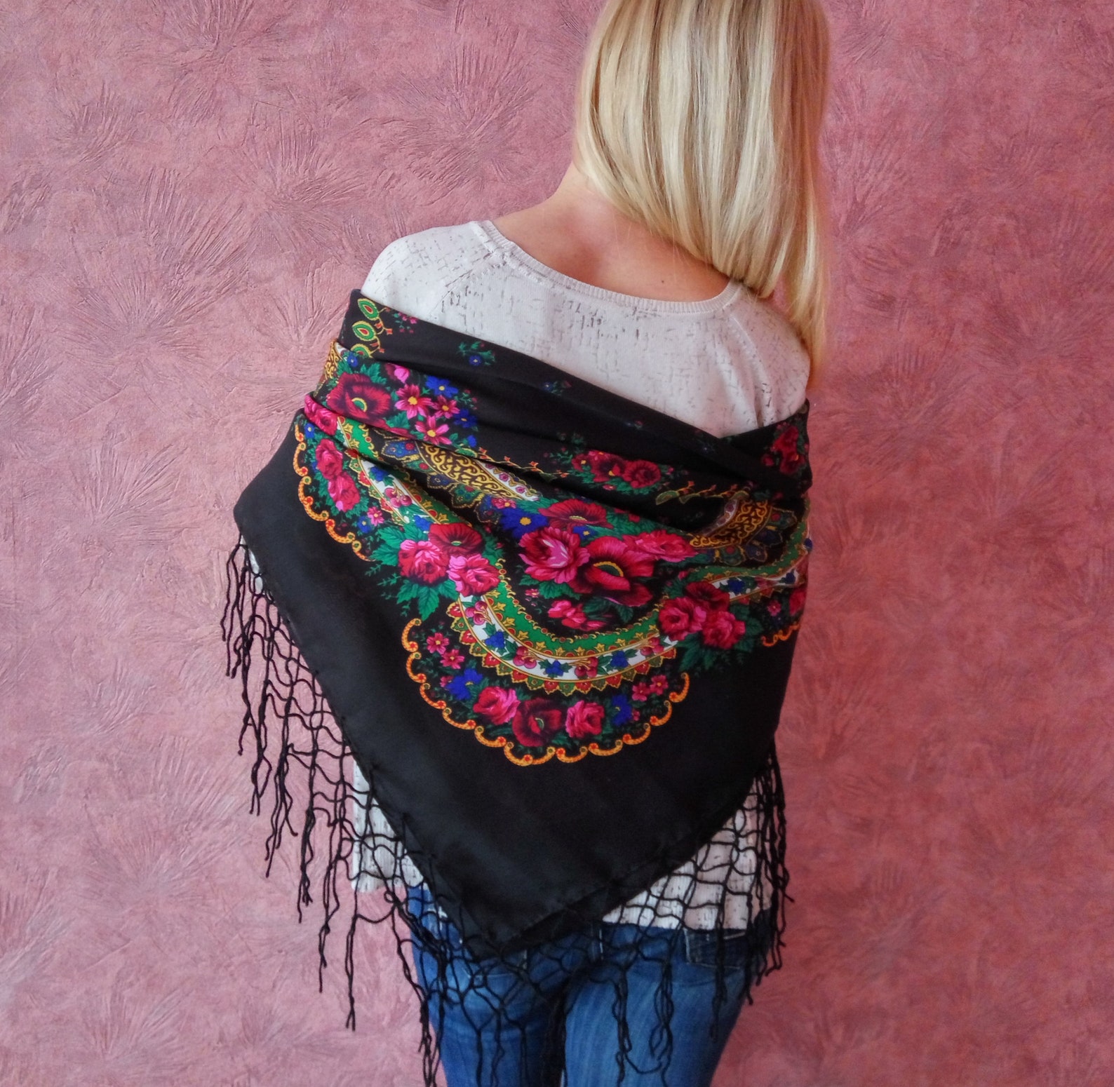Large Russian Shawl Lightweight Wool Scarf Floral Scarf With - Etsy