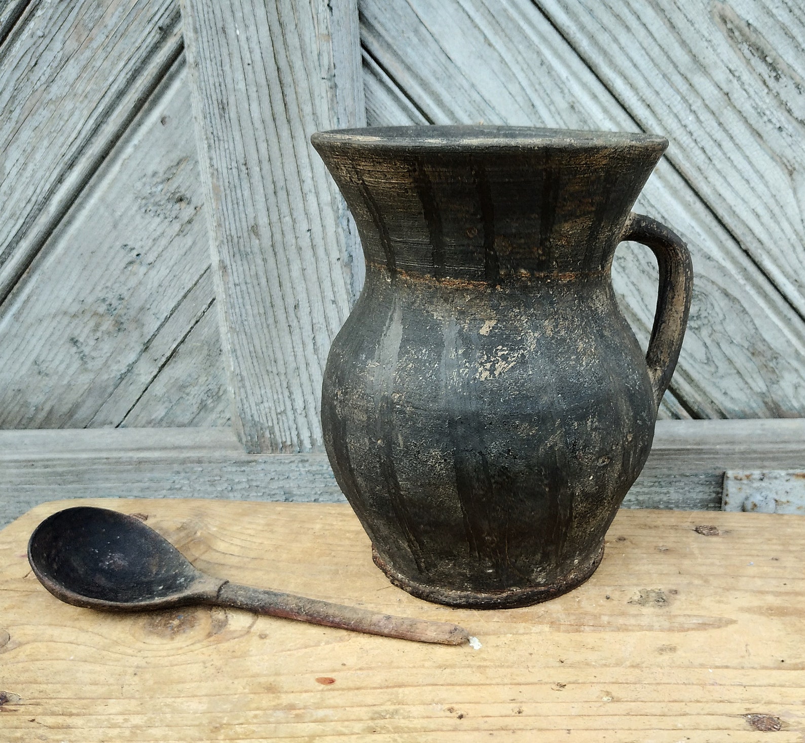 Primitive antique clay pitcher Black ceramic crock Rustic | Etsy