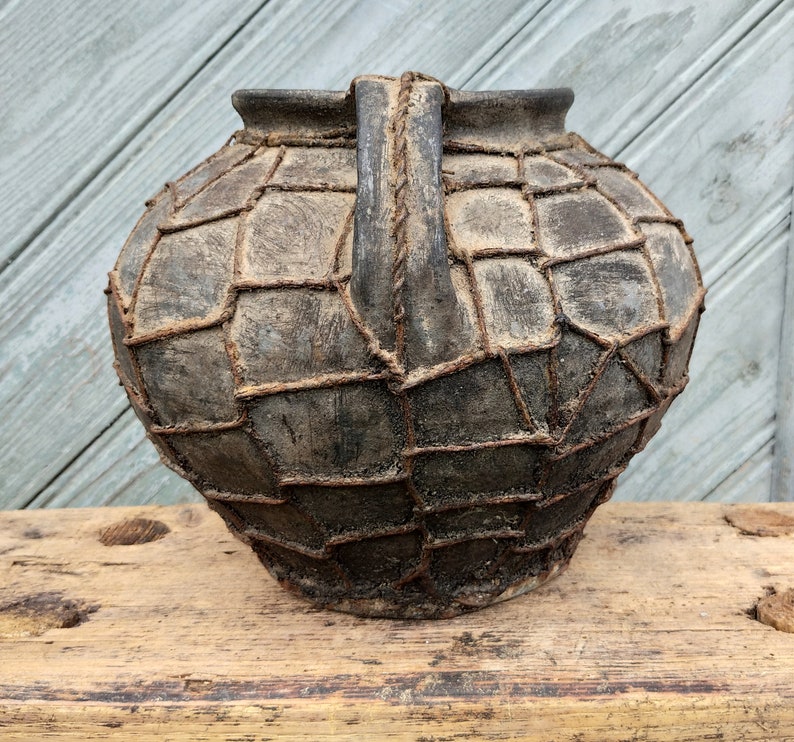 Large antique vase Baked wire ceramic crock Vintage clay pot | Etsy