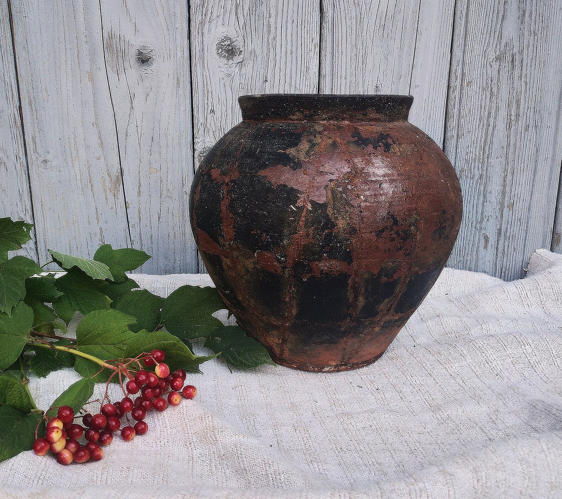 Vintage clay pot Large antique vase Ceramic crock Rustic | Etsy