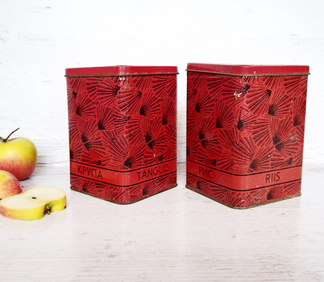 Tin Canister Set Storage Jar Two Kitchen Canisters Vintage Tin Canister ...