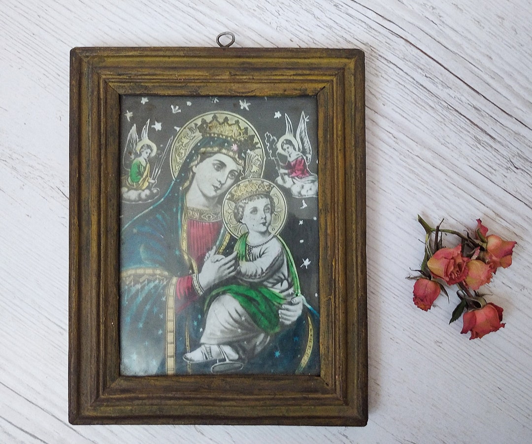 Catholic Icon in Vintage Wood Frame Antique Photo Frames Wooden Frame ...