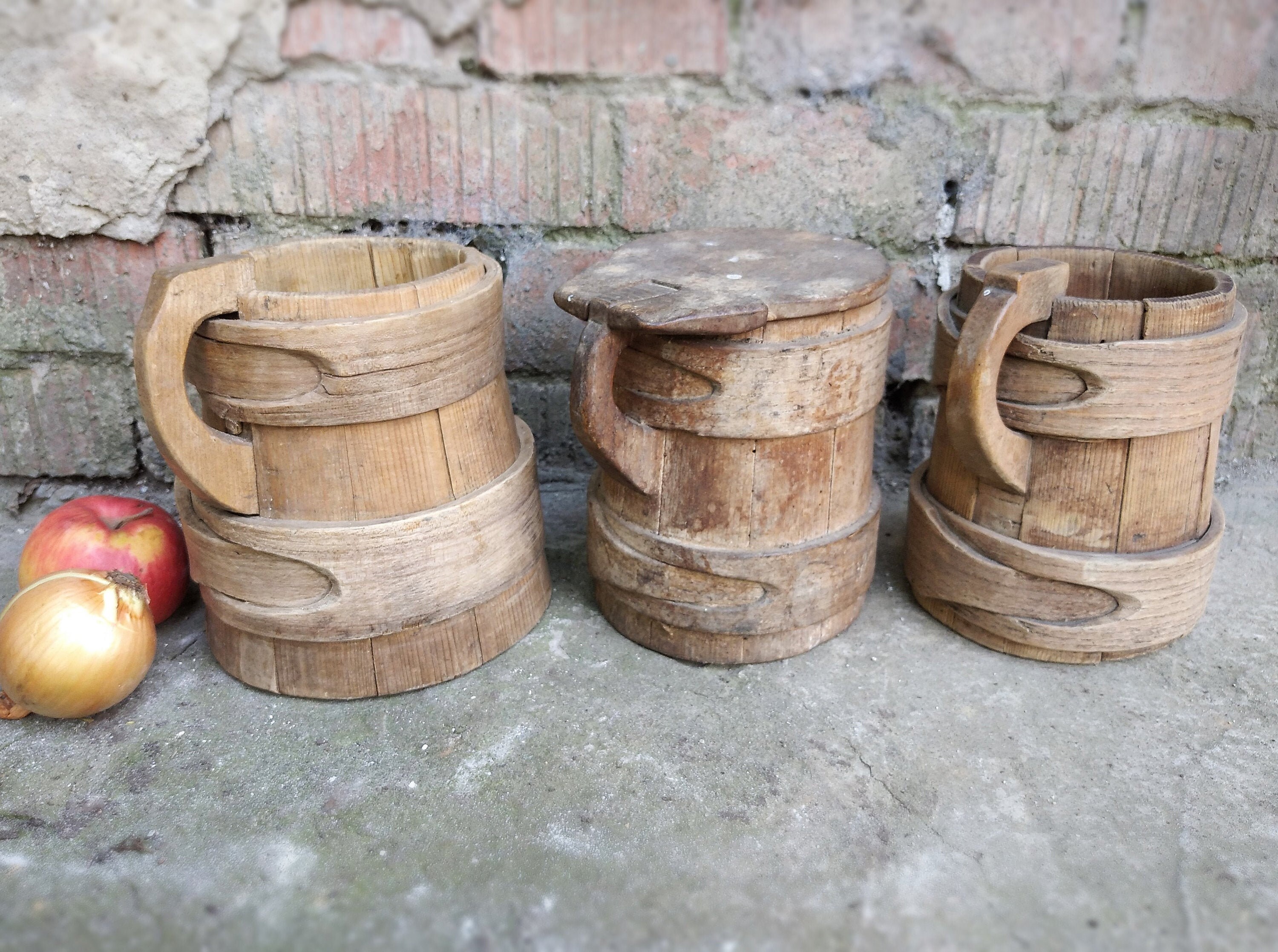 Antique Wooden Mug Primitive Decor Weathered Wood Table Centerpiece ...