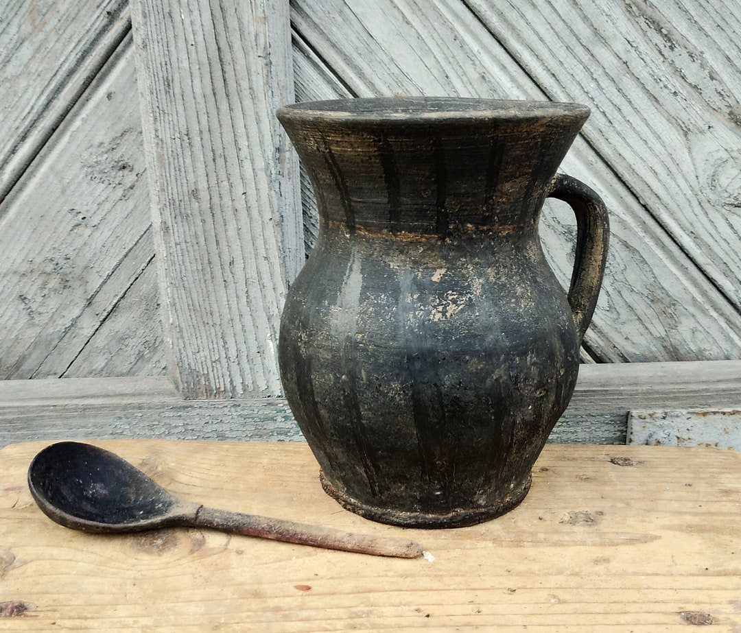 Primitive Antique Clay Pitcher Black Ceramic Crock Rustic Pottery Vase ...