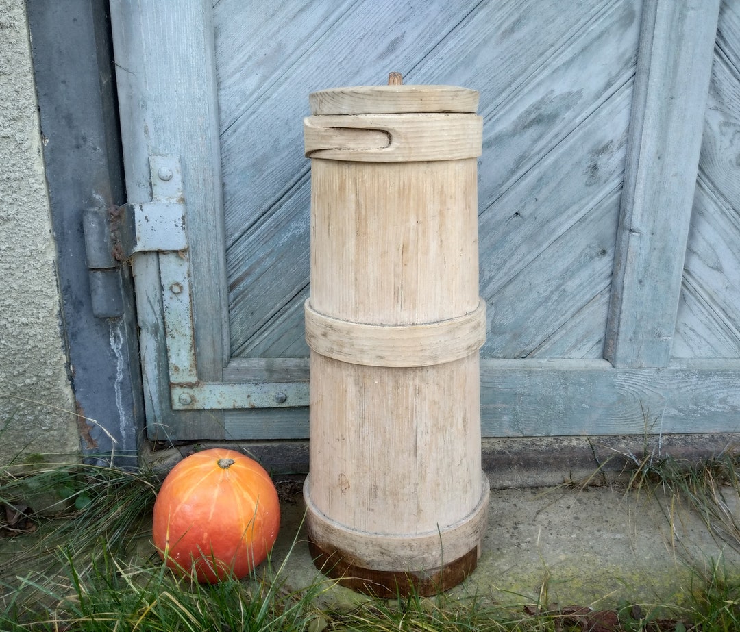 Vintage Box Cheese Bucket Wooden Storage Container Tall Vase With a Lid ...