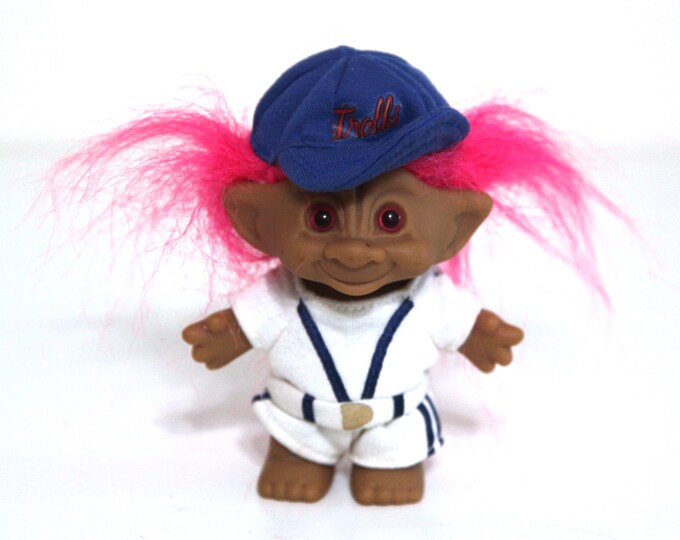 Vintage Troll Doll Baseball Player Neon Pink Hair Blue White - Etsy