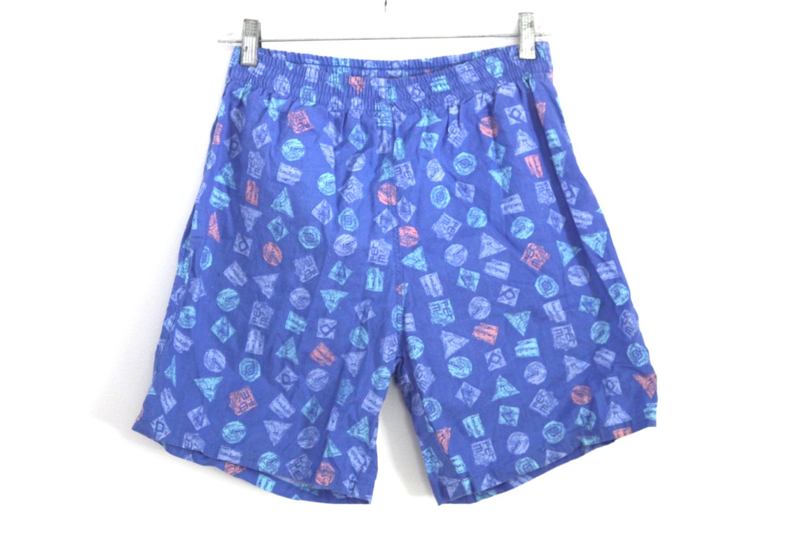 Vintage 80s Swim Trunks Shorts Abstract Geometric Blue Patterned - Etsy
